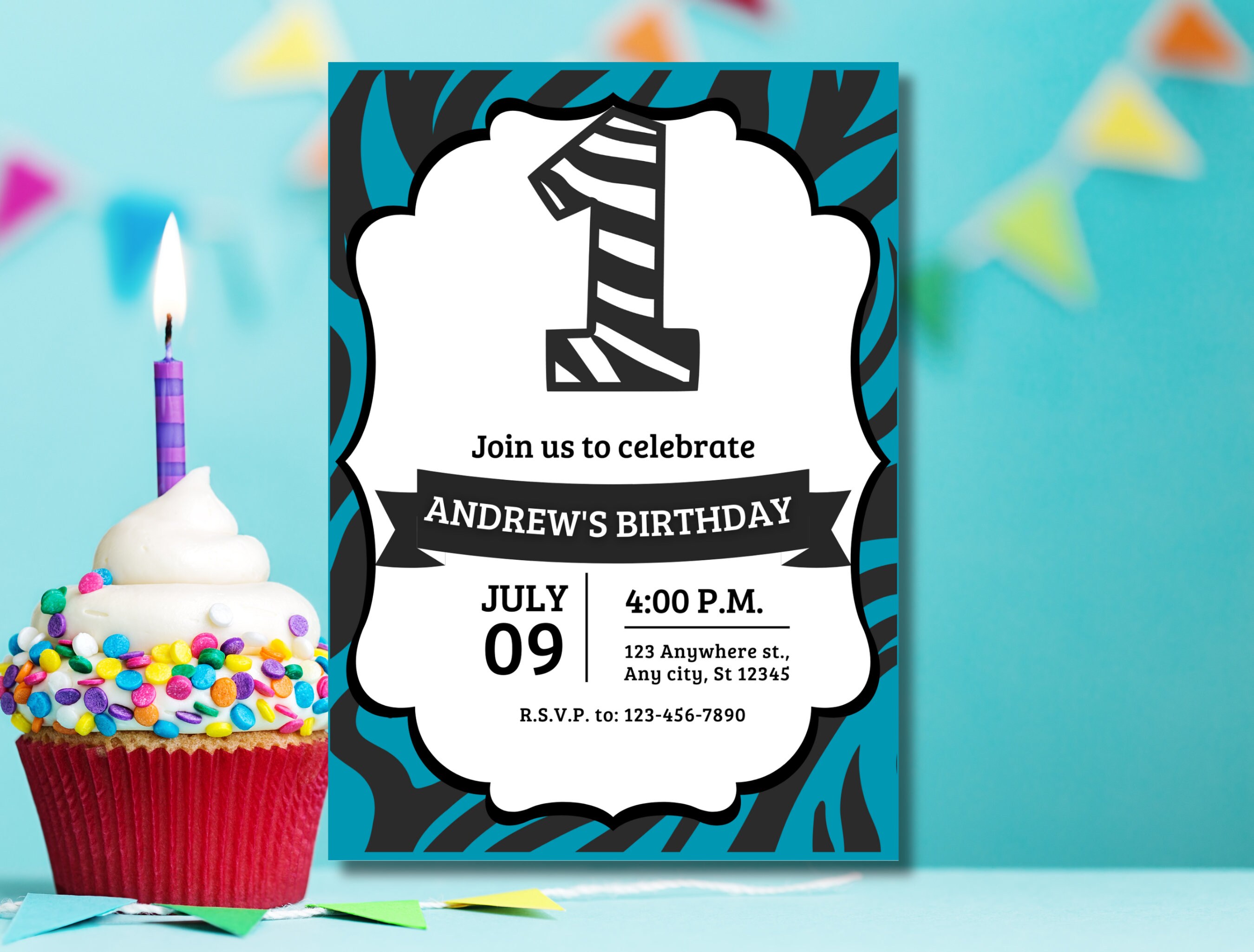 Zebra Themed Party Invitation for 1st Birthday, 1 Year Old Birthday ...