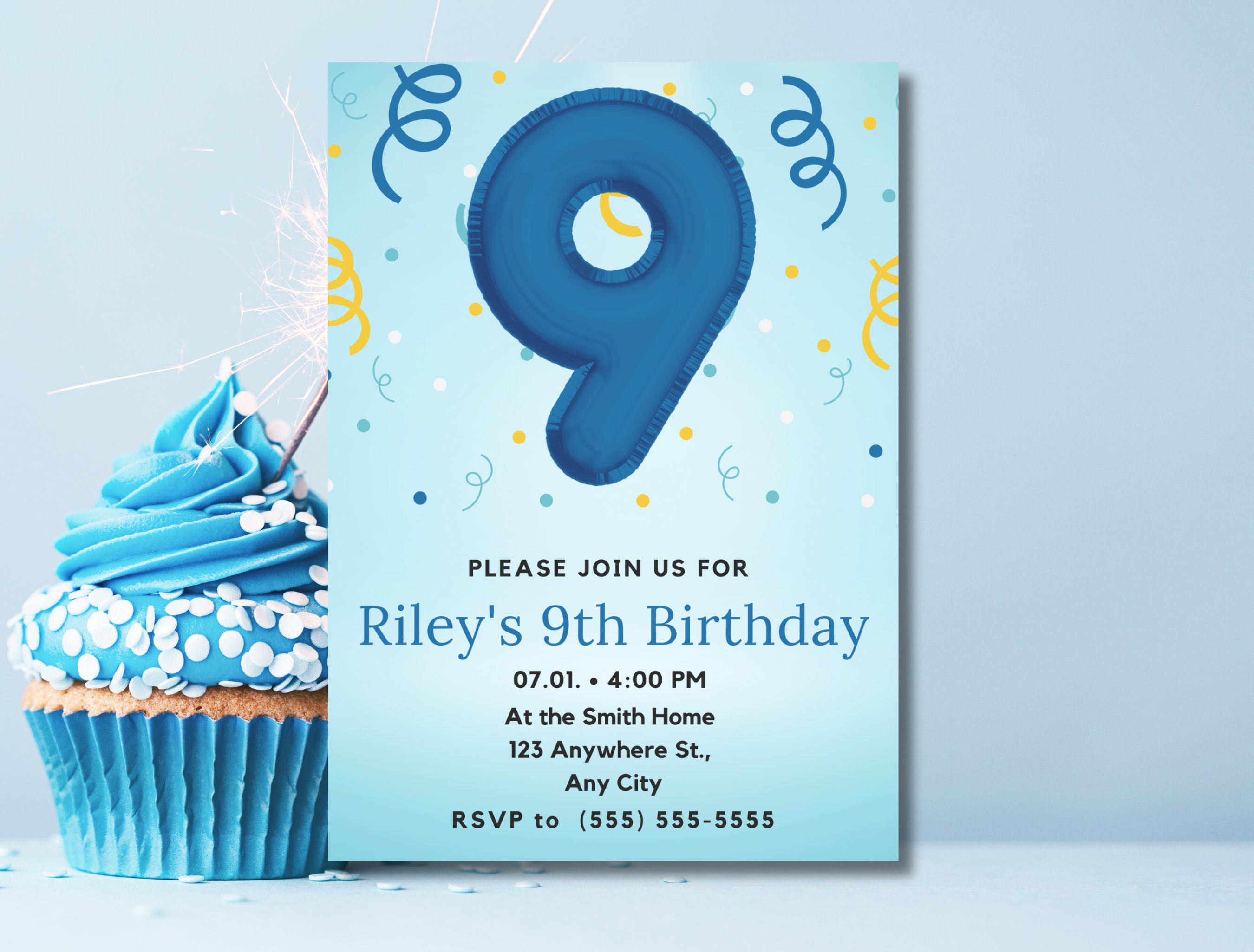 Editable Blue Streamers Party Invitation for 9th Birthday, 9 Year Old ...