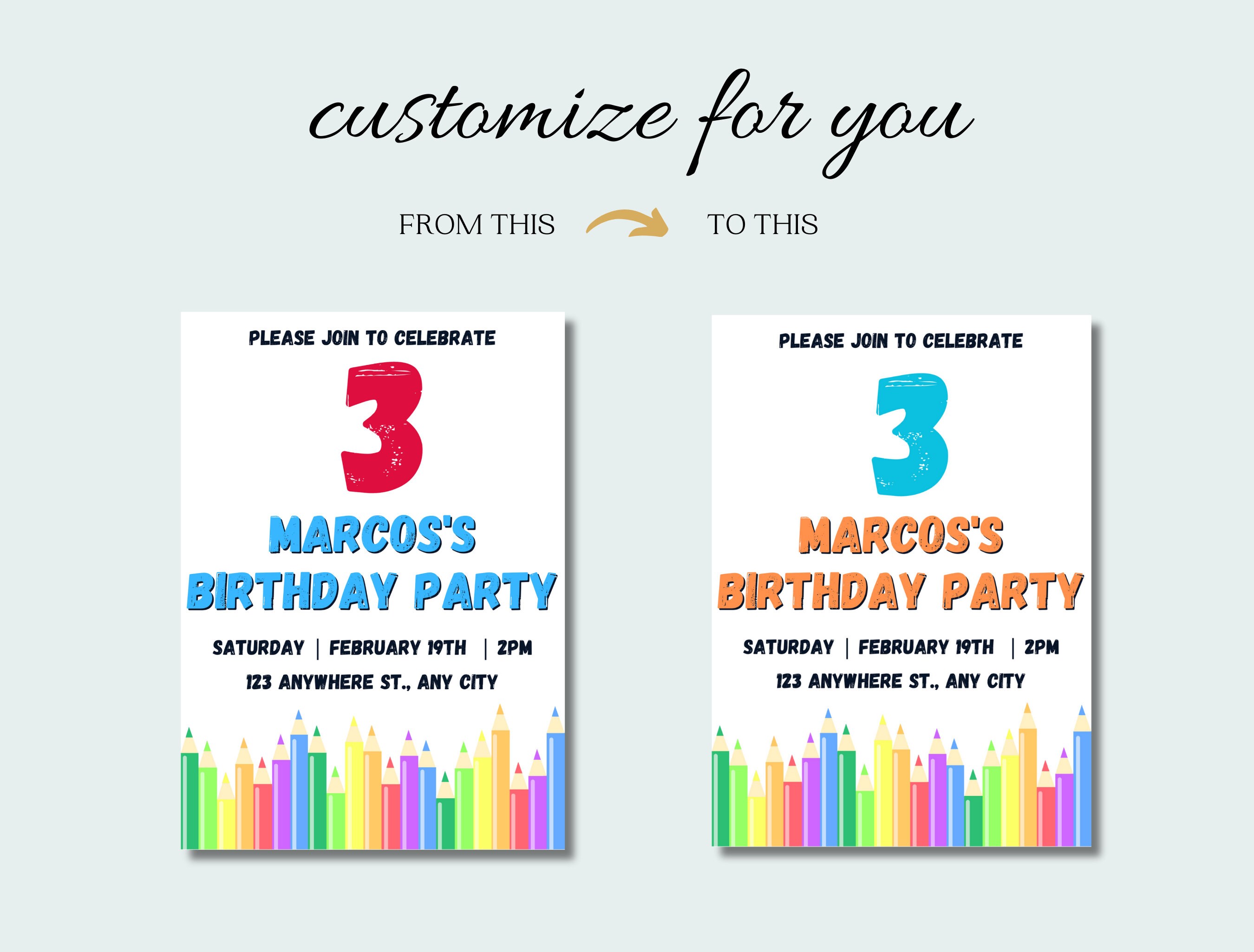 Editable Colored Pencil Invitation for 3rd Birthday, 3 Year Old ...