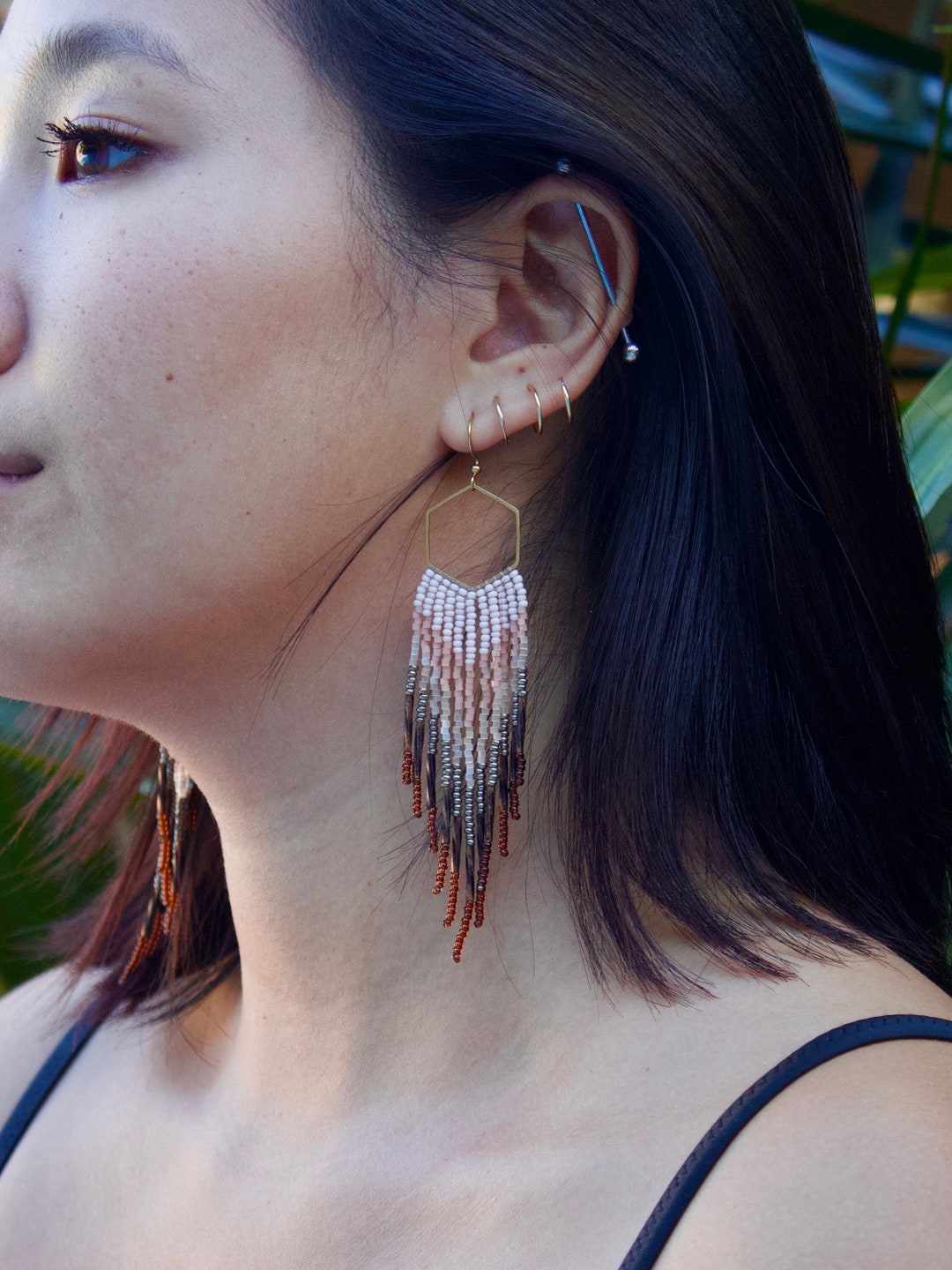 Long Beaded Fringe Earrings, Gold Beaded Statement Earrings, Seed Bead ...