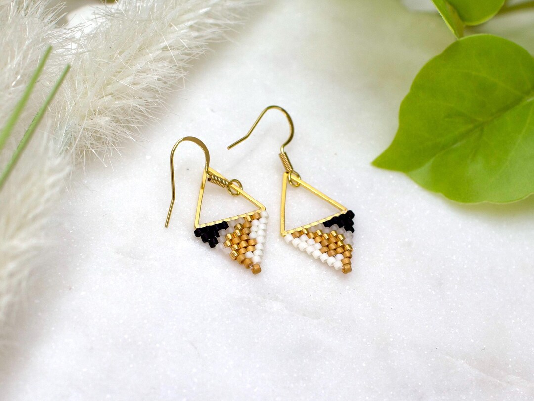 Gold Geometric Triangle Beaded Earrings, Black White Gold Seed Beads ...