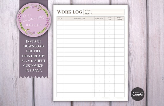 Work Log Printable Template Form Chart Canva PDF | Etsy