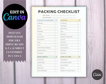 Packing List Template Canva - Etsy