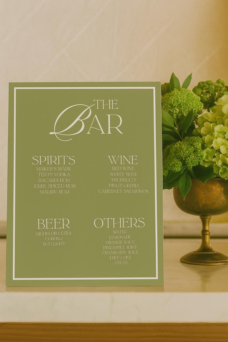 Elegant Olive Green Wedding Bar Sign Template: Modern Amoura Collection ...