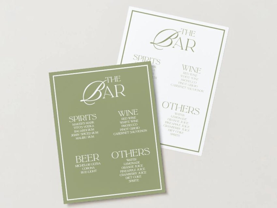 Elegant Olive Green Wedding Bar Sign Template: Modern Amoura Collection ...