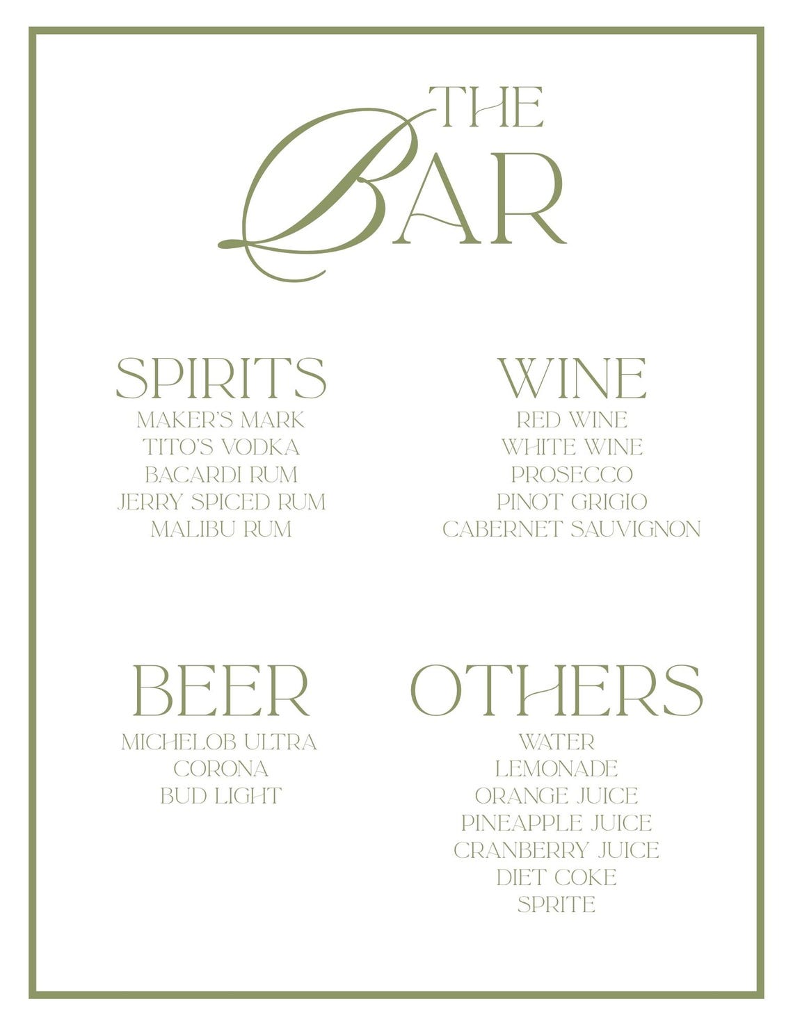 Elegant Olive Green Wedding Bar Sign Template: Modern Amoura Collection ...