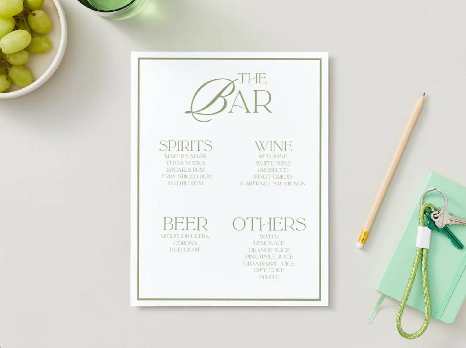 Elegant Olive Green Wedding Bar Sign Template: Modern Amoura Collection ...