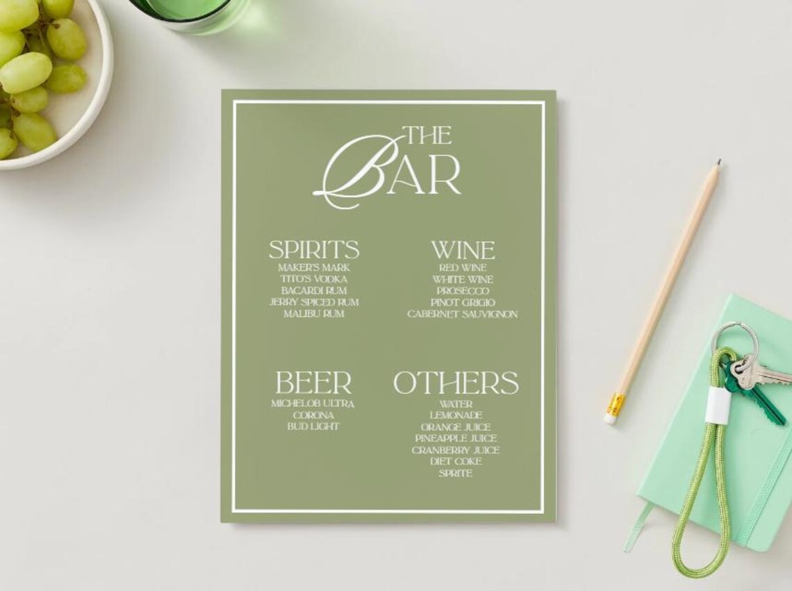 Elegant Olive Green Wedding Bar Sign Template: Modern Amoura Collection ...
