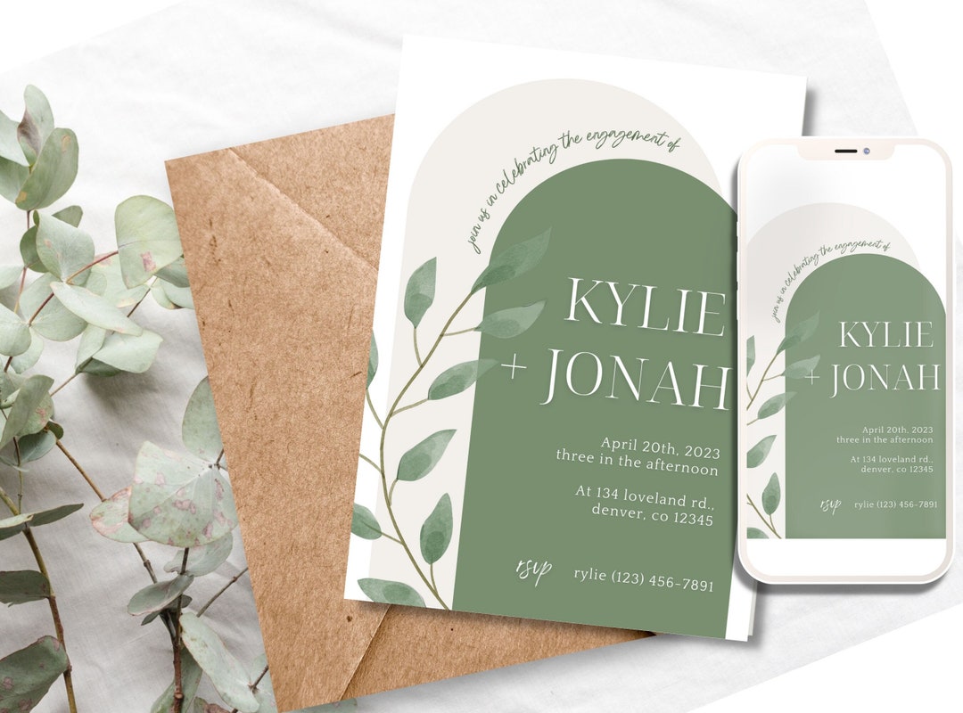 Modern Sage Green Engagement Party Editable Invite Template Engagement ...