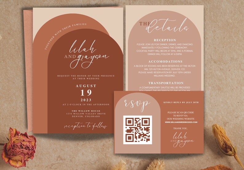 Terracotta Wedding Invitation Template Set Rust Wedding Invite Set ...