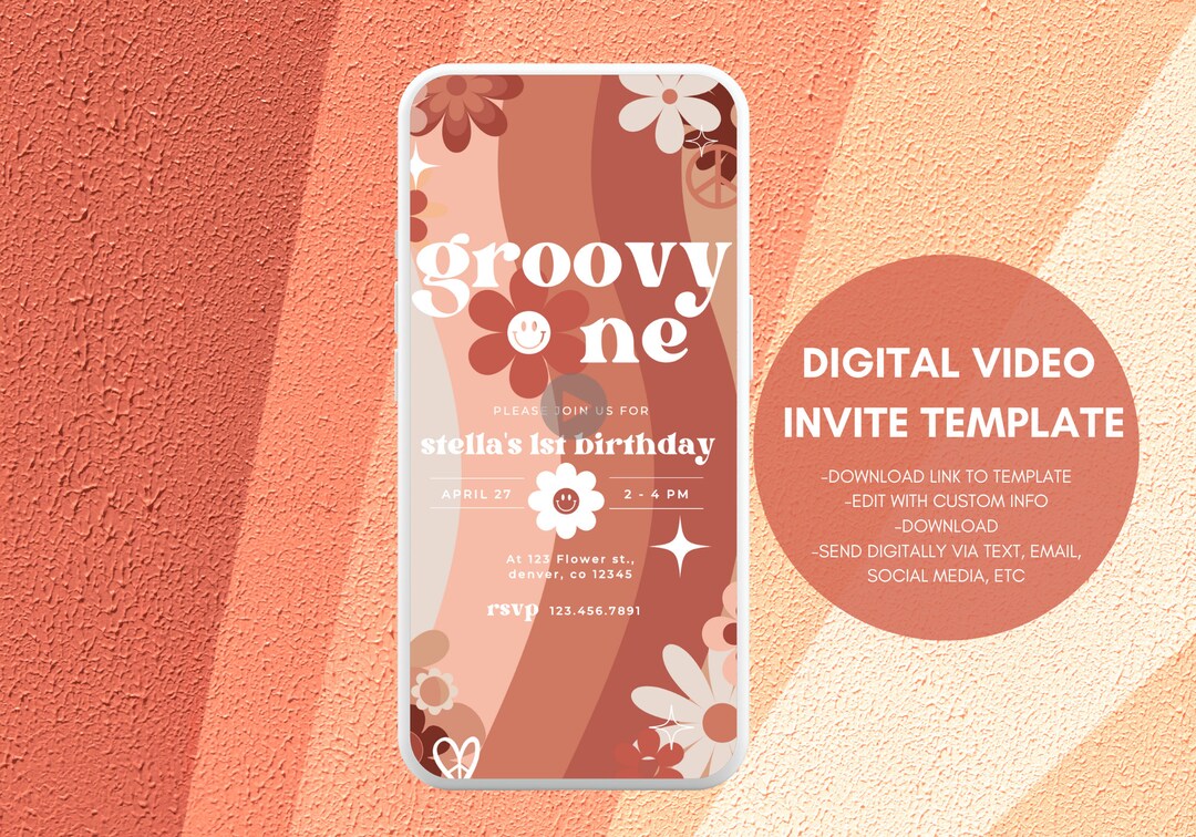 Groovy One 1st Birthday Editable Digital Invite Template Groovy One ...