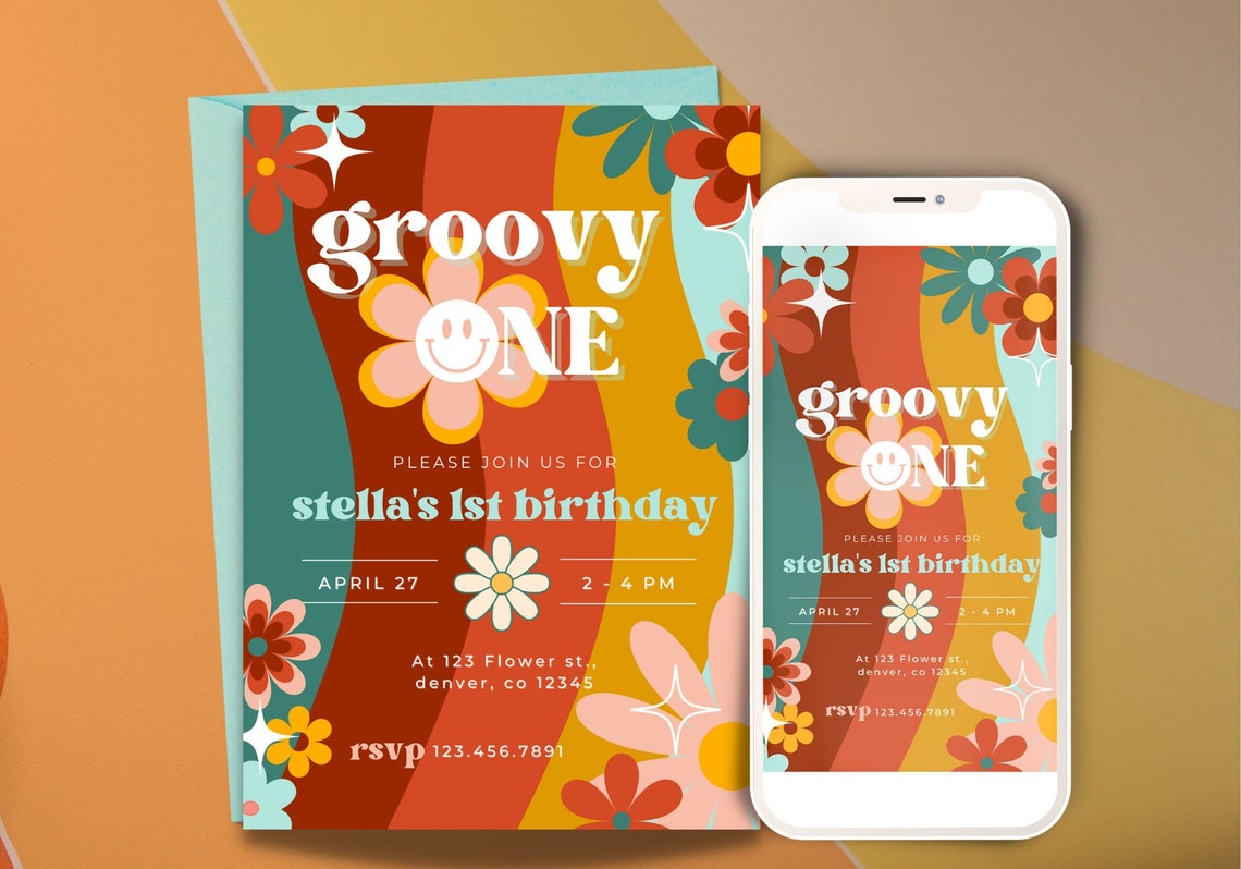 Editable Groovy One 1st Birthday Invitation Template Retro First ...