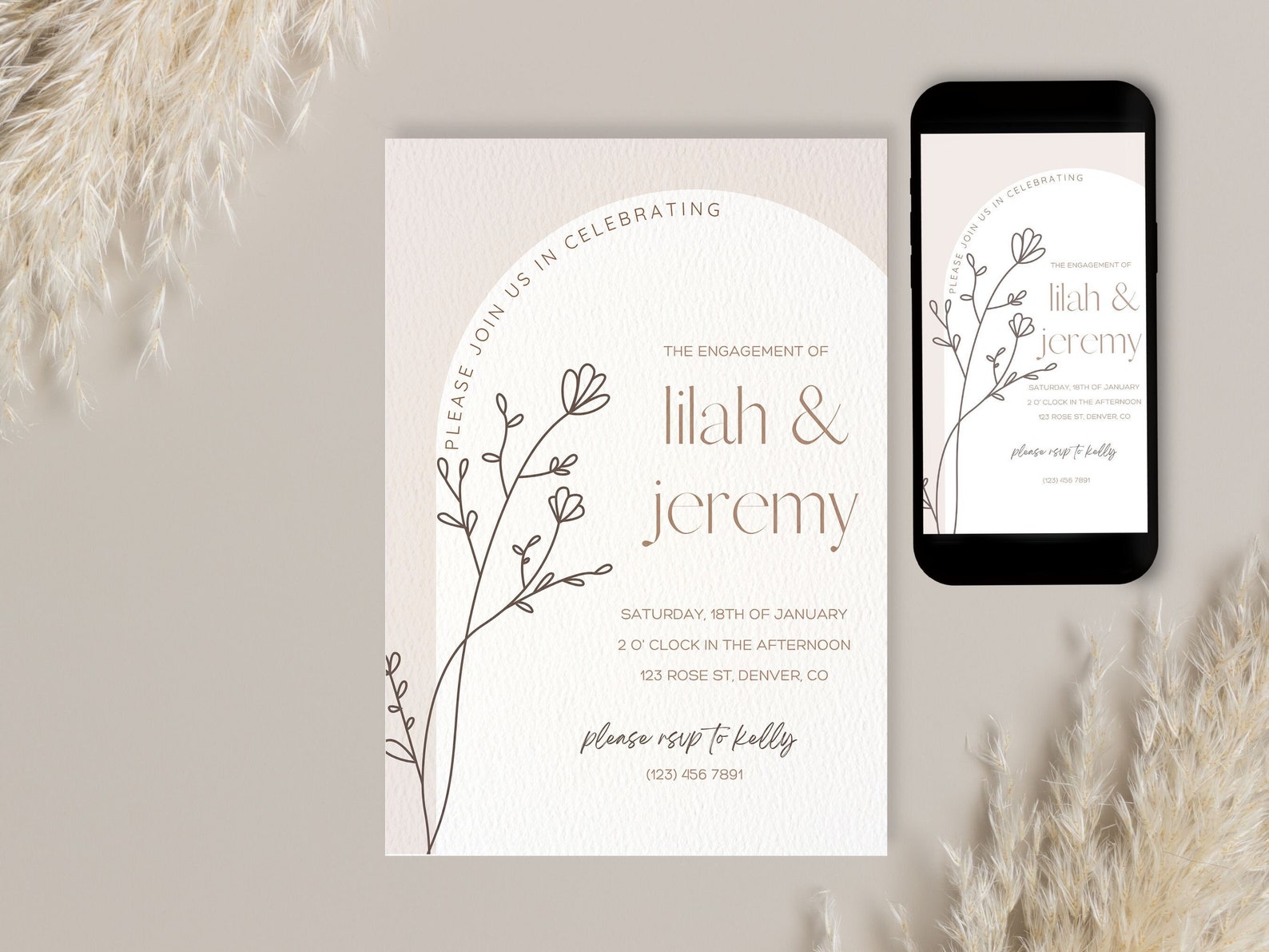 Beige Boho Engagement Party Editable Invite Template Nude Engagement ...