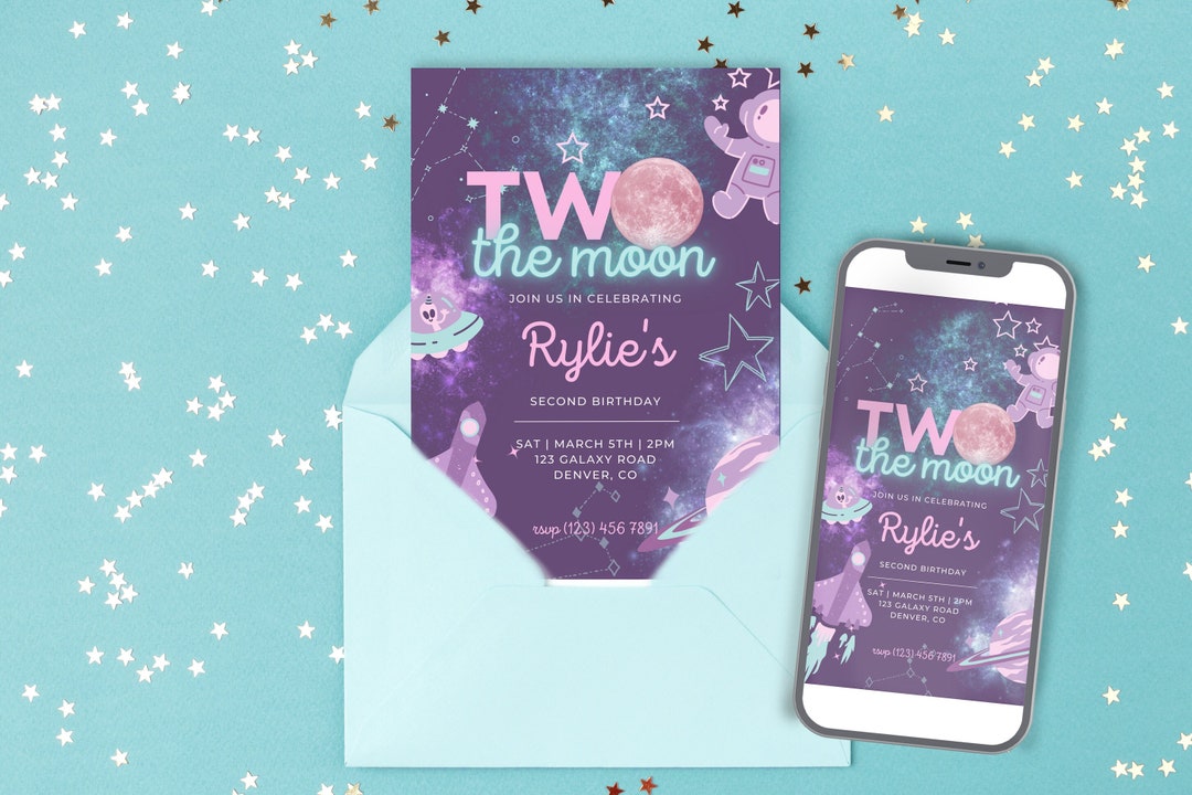 Space Two the Moon Second Birthday Party Editable Invitation Template ...