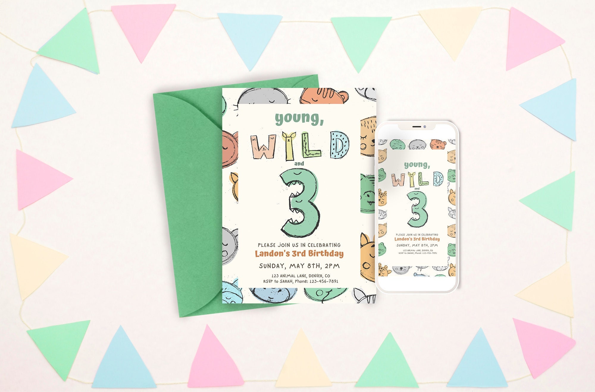 Young Wild Three Third Birthday Party Editable Invite Template Digital ...