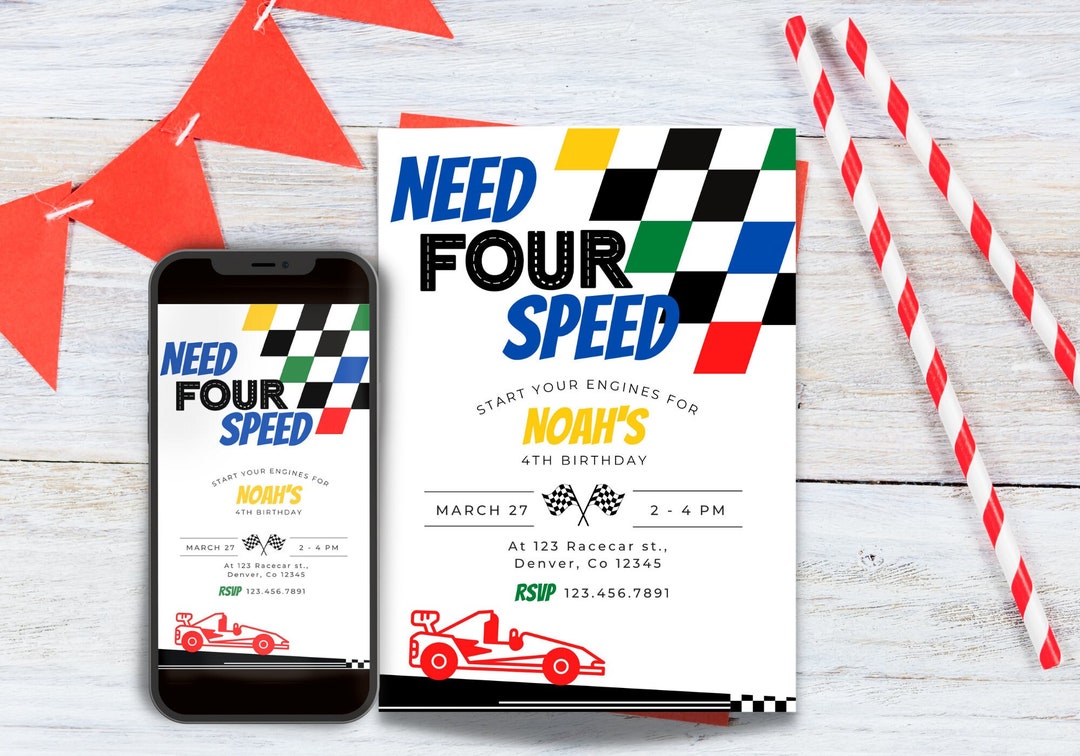 Editable Need Four Speed Fourth Birthday Party Invitation Template ...