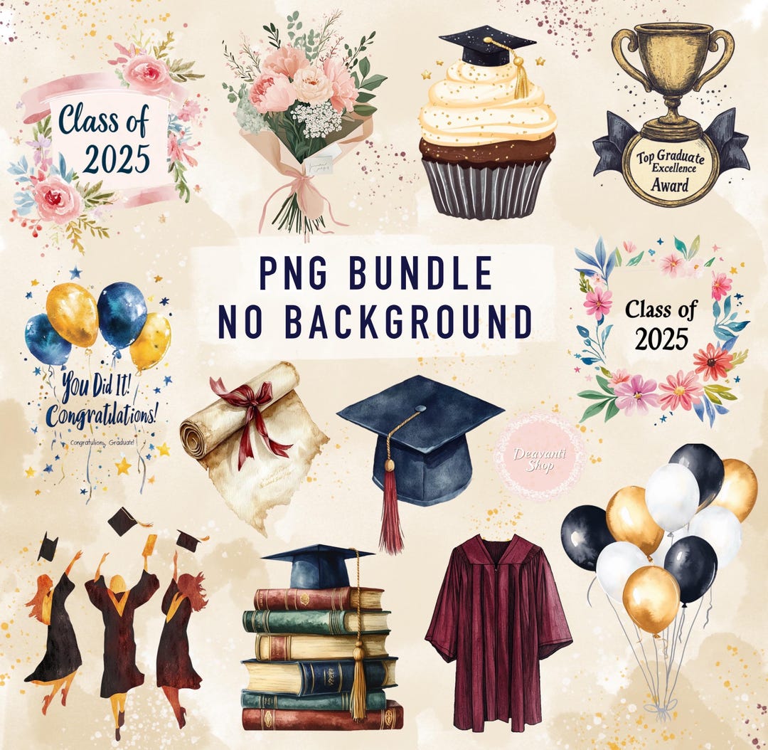 Graduation PNG Bundle, Class of 2025, Watercolor Clipart, Cap, Gown ...