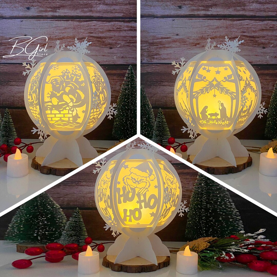 Pack 3 Christmas 3 Paper Cut Snowball Lantern Lightbox Template, 3D ...