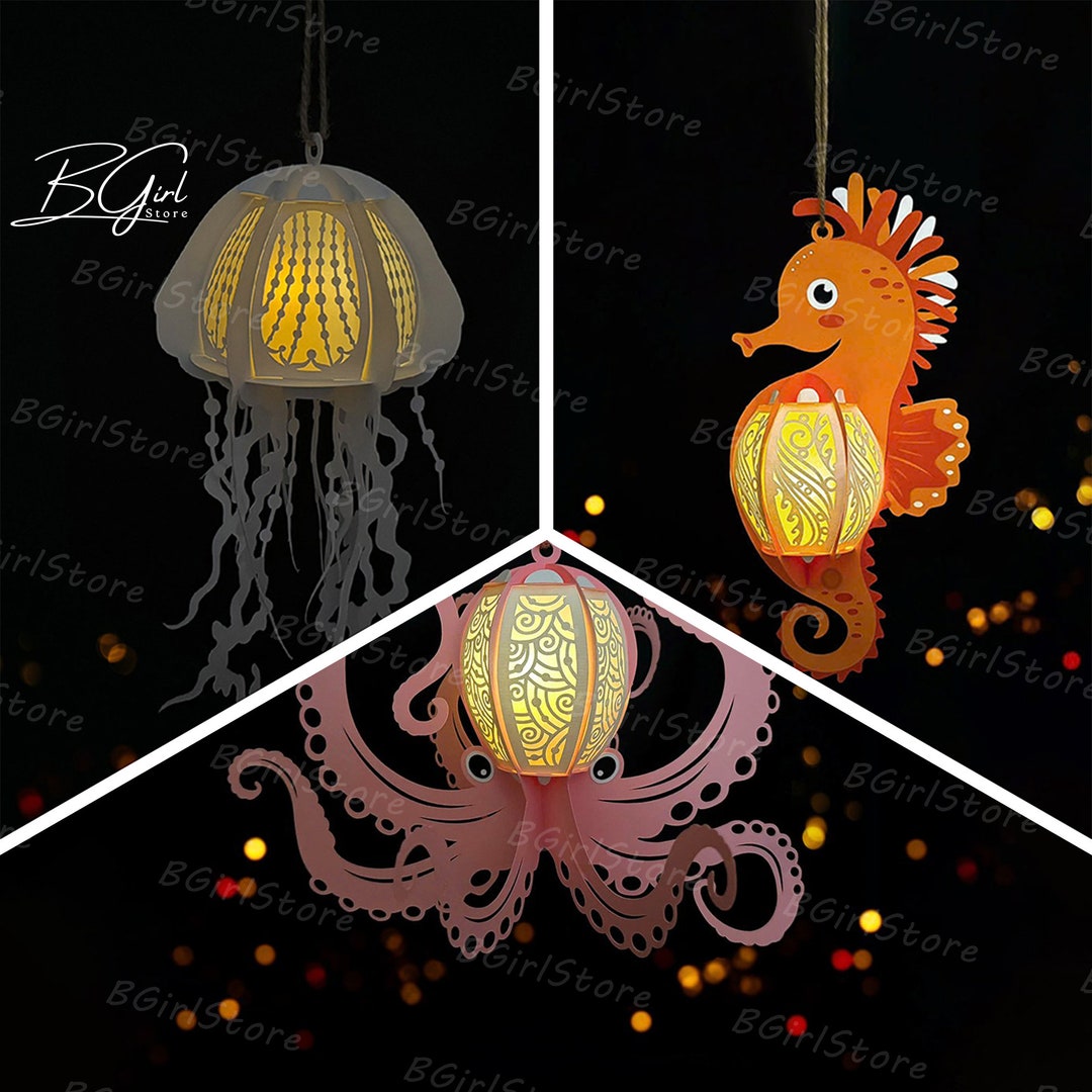 Pack 3 Different Aquatic Creatures Lantern SVG DIY Ocean Paper Lanterns ...