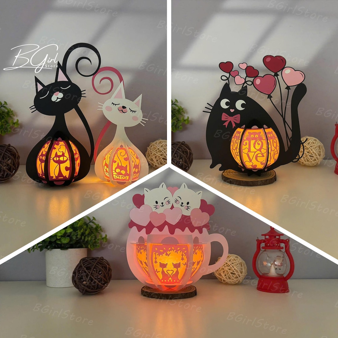 Pack 3 Cat Lantern PDF, SVG, Studio Template - DIY Couple Paper Cut ...