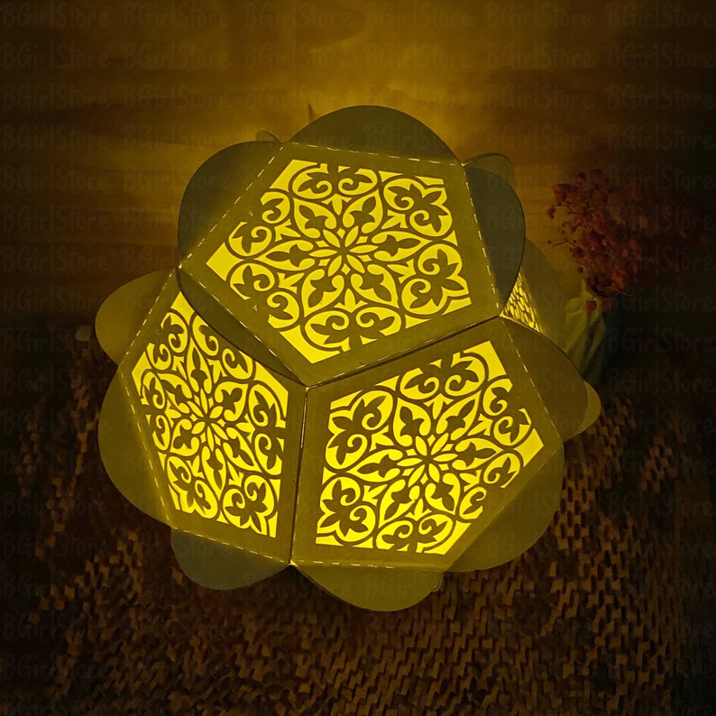 Mandala Paper Cut Pentagon Lantern Light Box Template, 3D Lantern Paper ...