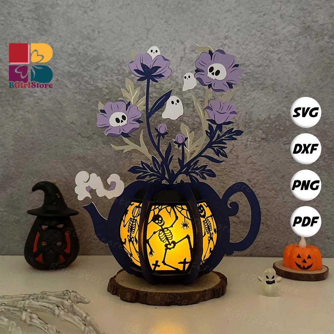 Skeletons Kettle Flowers Lantern PDF, SVG, Studio Template - DIY ...
