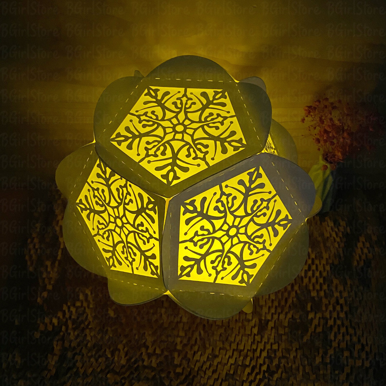 Snowflake Fly Paper Cut Pentagon Lantern Light Box Template, 3D Lantern ...