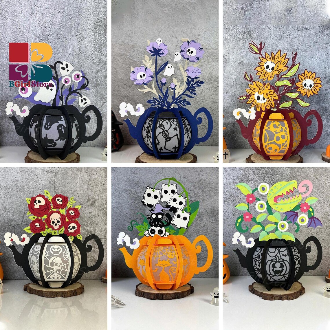 Pack 6 Kettle Flowers Lantern PDF, SVG, Studio Template - DIY Halloween ...