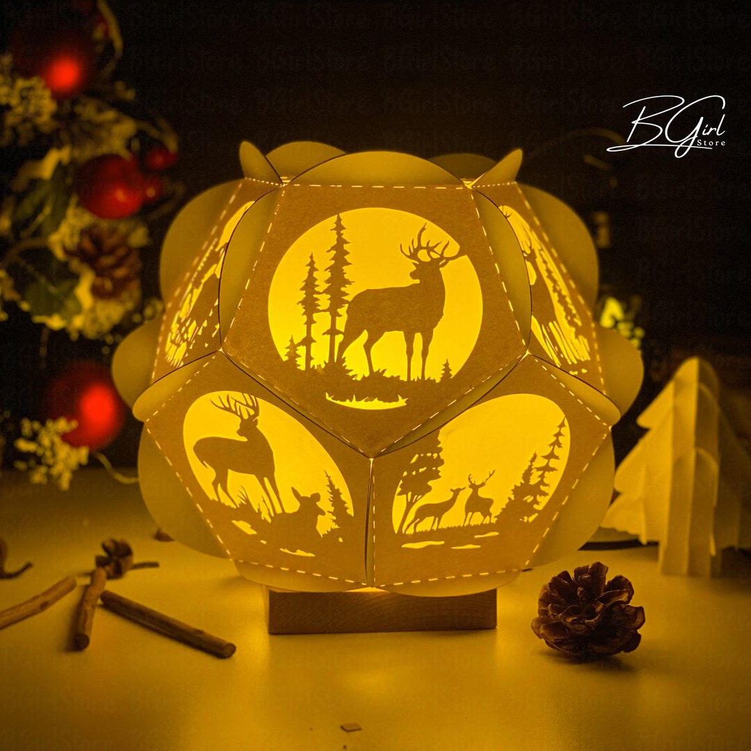 Deer Paper Cut Pentagon Lantern Light Box Template, 3D Lantern Paper ...