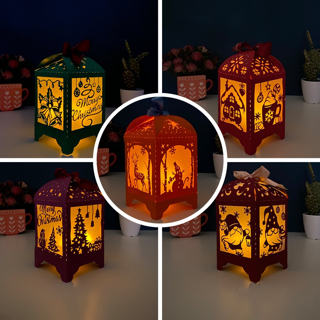 Pack 5 Christmas Paper Cut Lantern Light Box Template, Svg Template ...