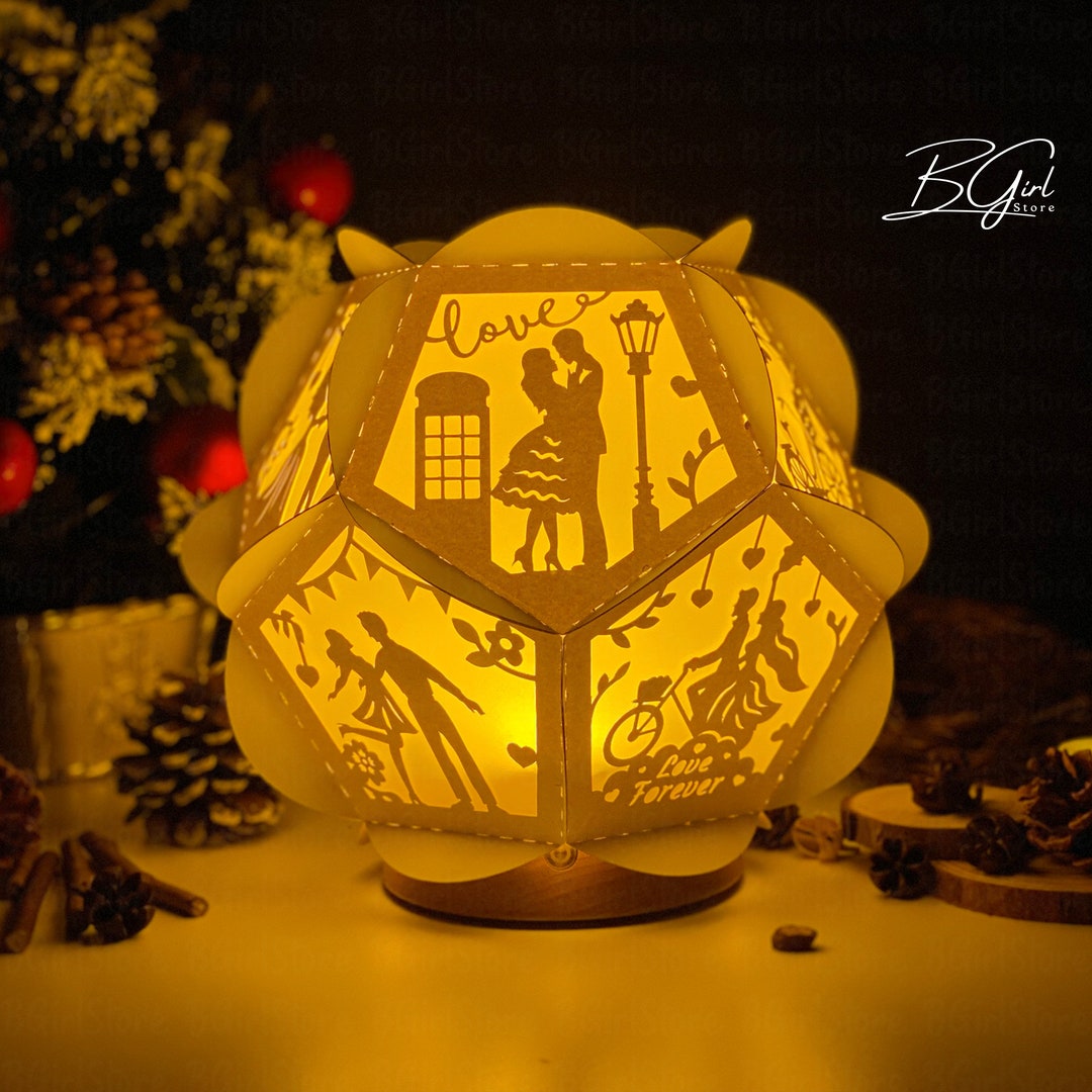 Valentine Paper Cut Pentagon Lantern Light Box Template, 3D Lantern ...