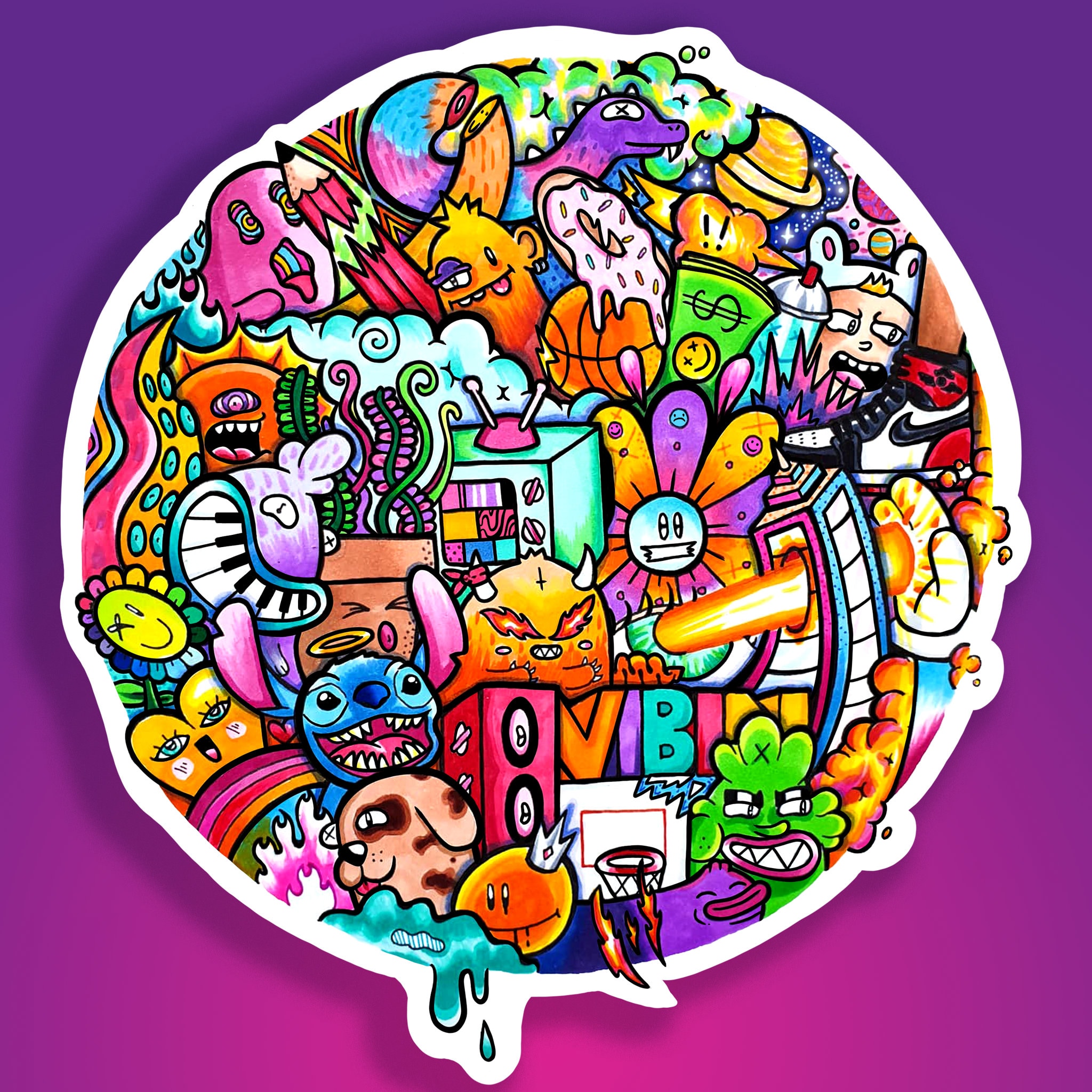 Cartoon Doodle Art Circle Sticker - Etsy