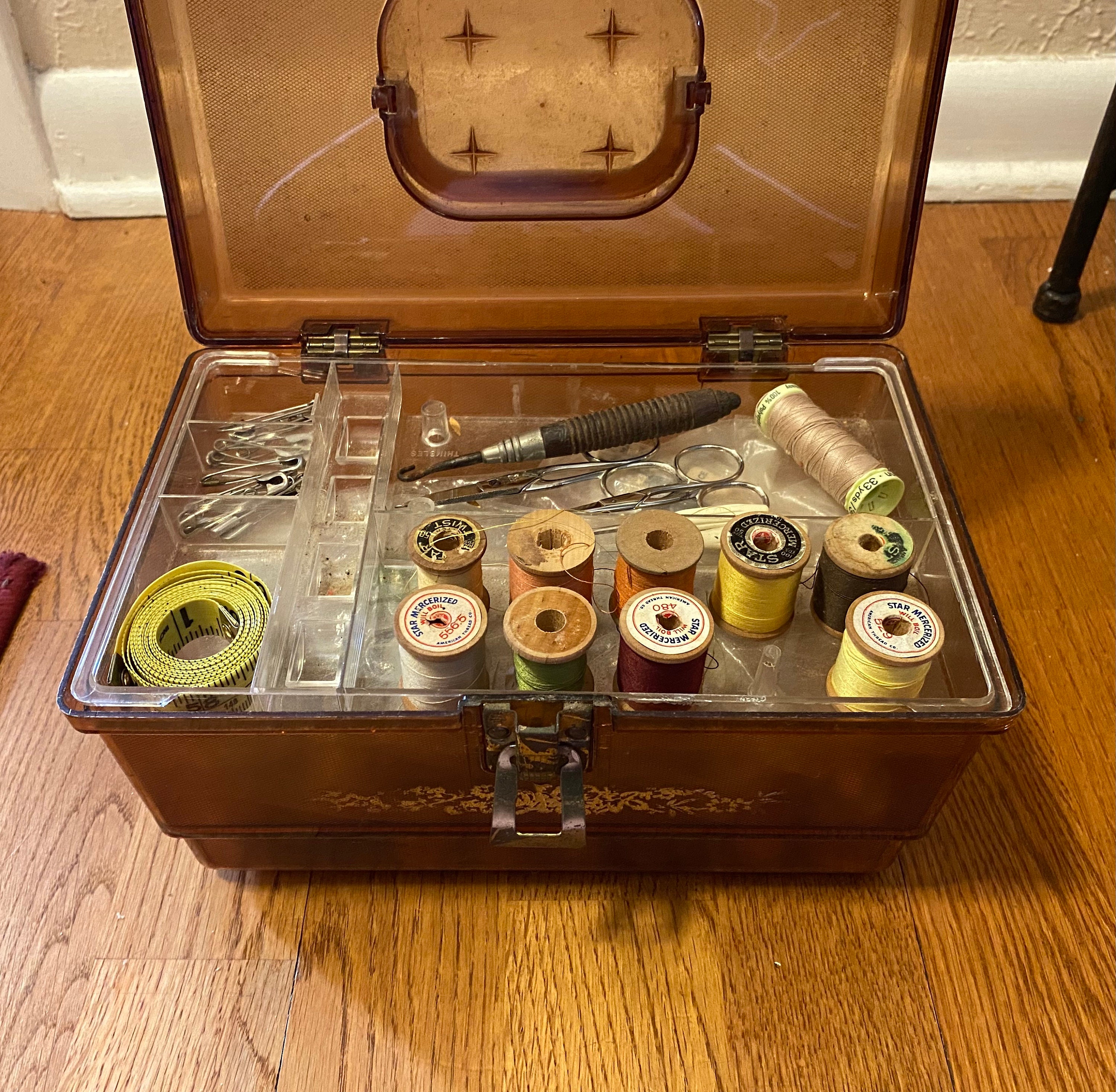 Vintage Plastic Amber Sewing Box W/thread Scissors Misc - Etsy
