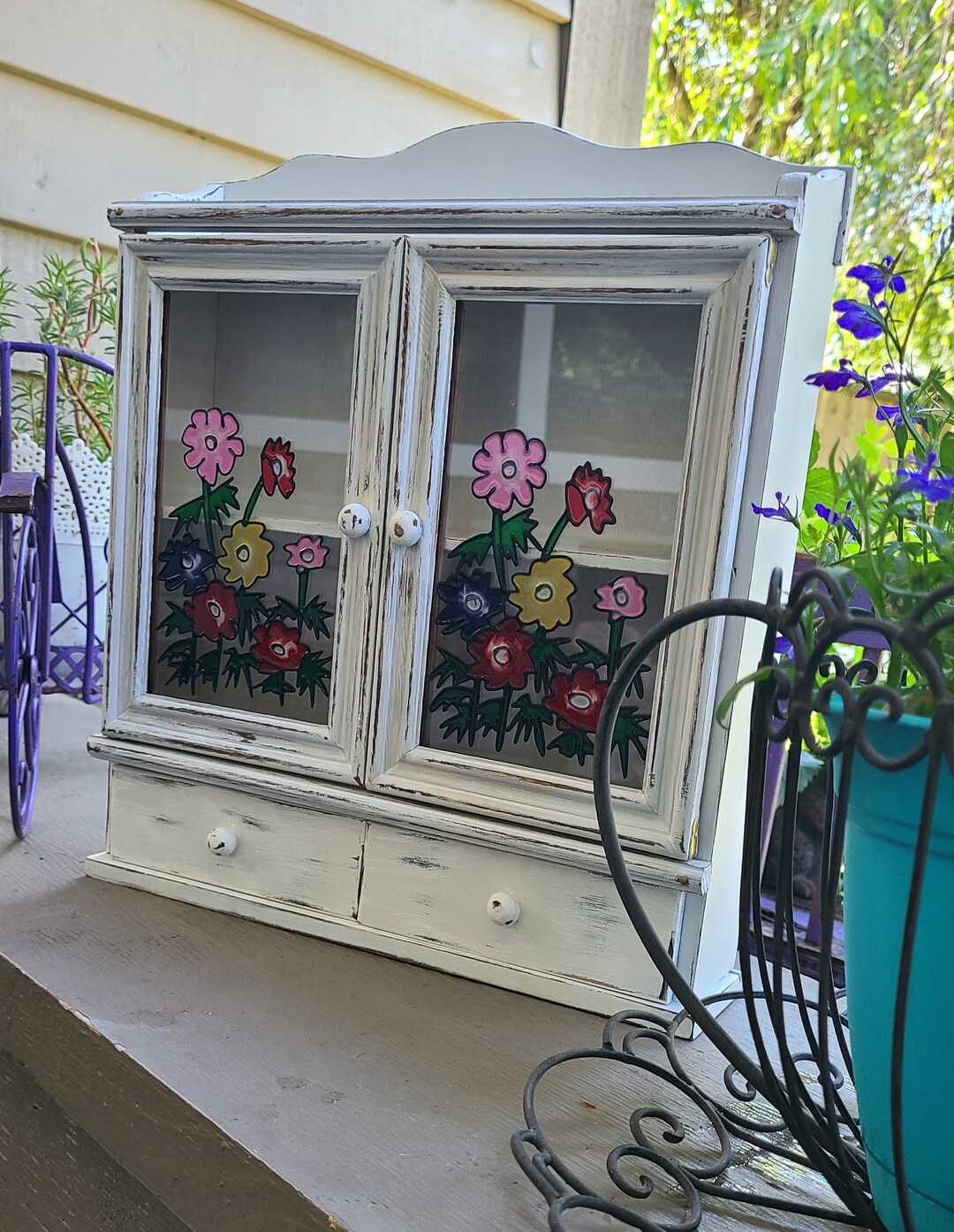 Upcycled Vintage Wooden Spice Rack. Antiqued Patina White Floral Mid ...