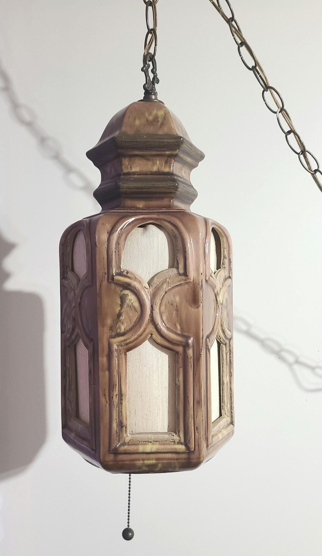 Vintage Ceramic Swag Lamp | Boho MCM Hanging Light | Brown Marble - Etsy