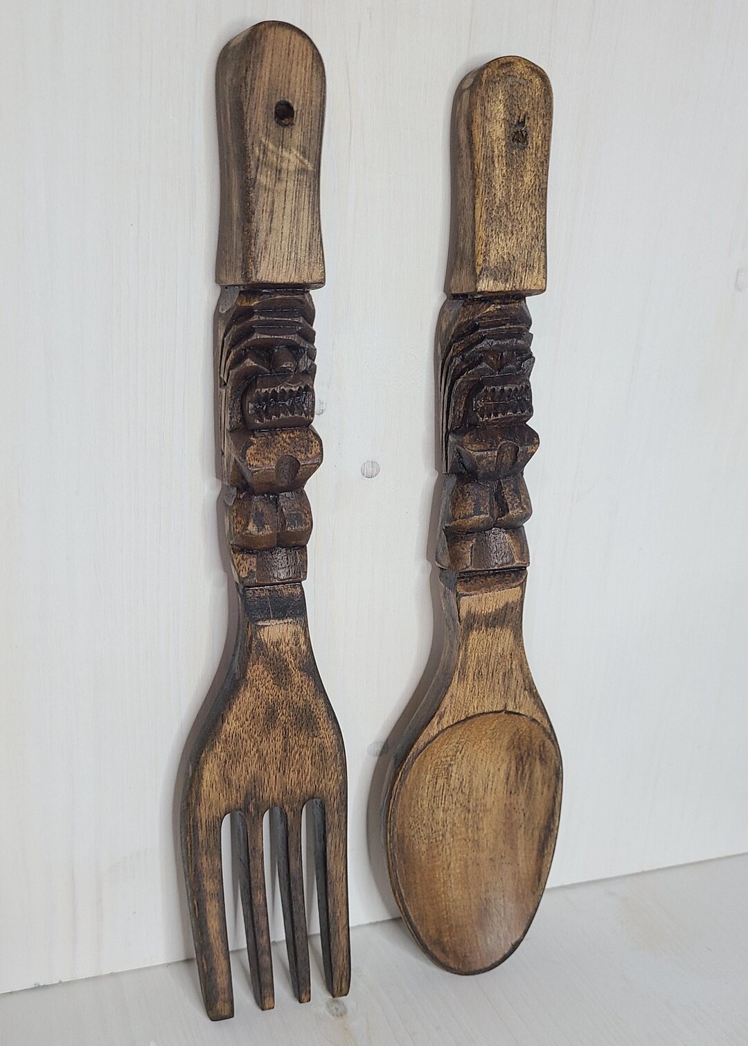 Vintage Hand Carved Wooden Hanging Fork and Spoon. MCM Home Kitchen ...