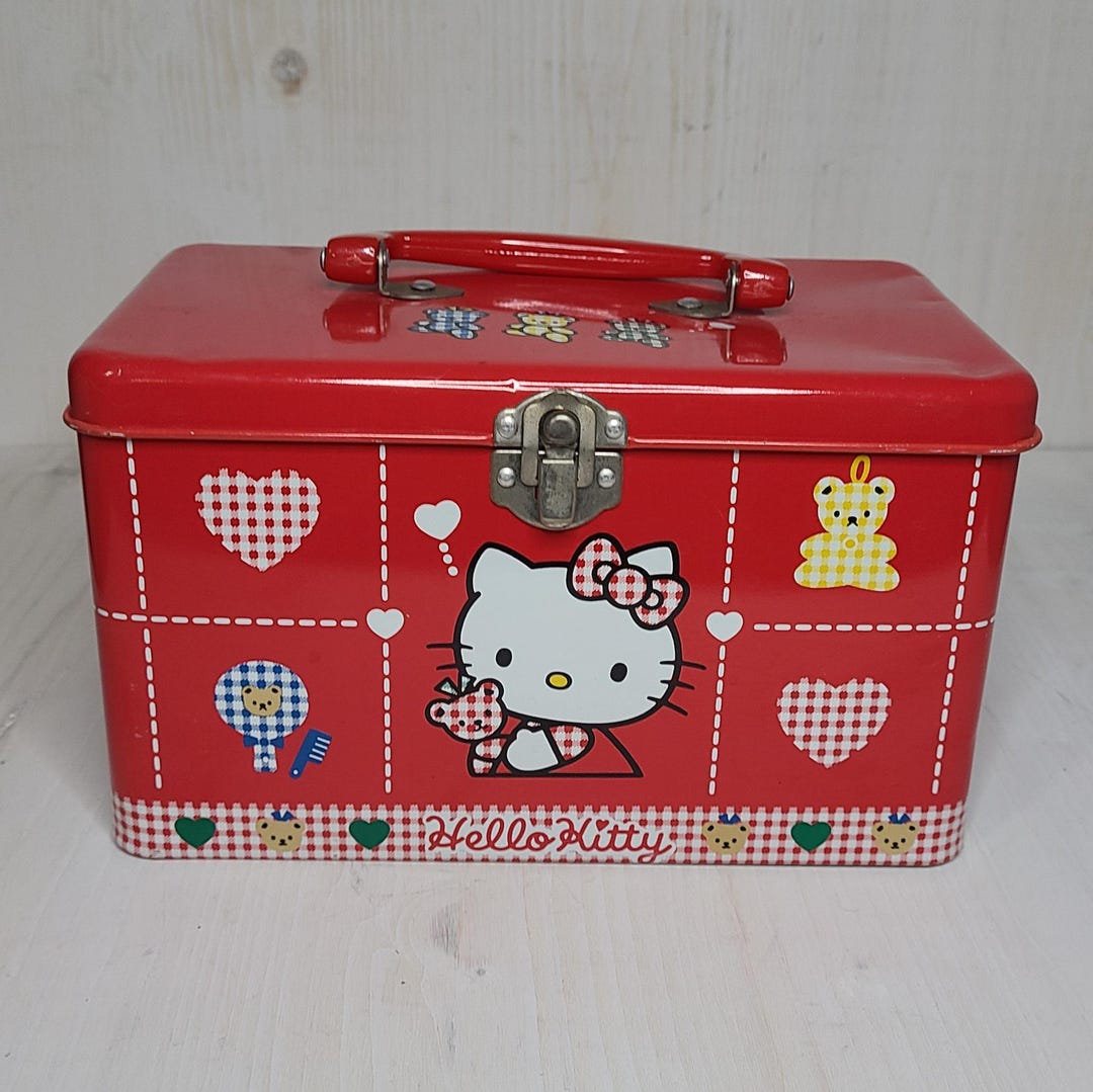 Vintage Hello Kitty Tin Storage Box. 1990s Sanrio Red Metal Lunch Kit ...