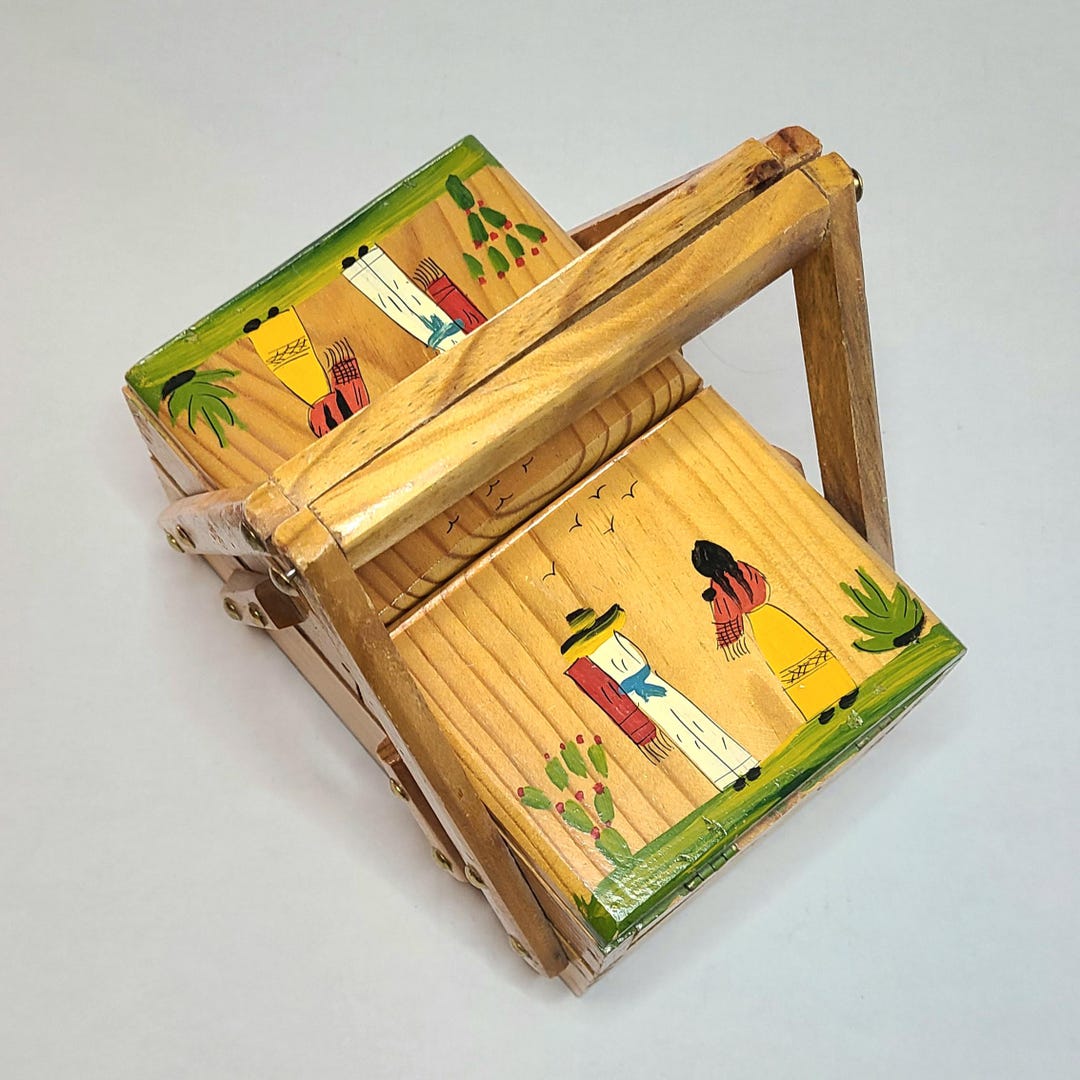 Vintage Wooden Sewing Basket. Small Wood Fold Out Box. Mexican Folk Art ...