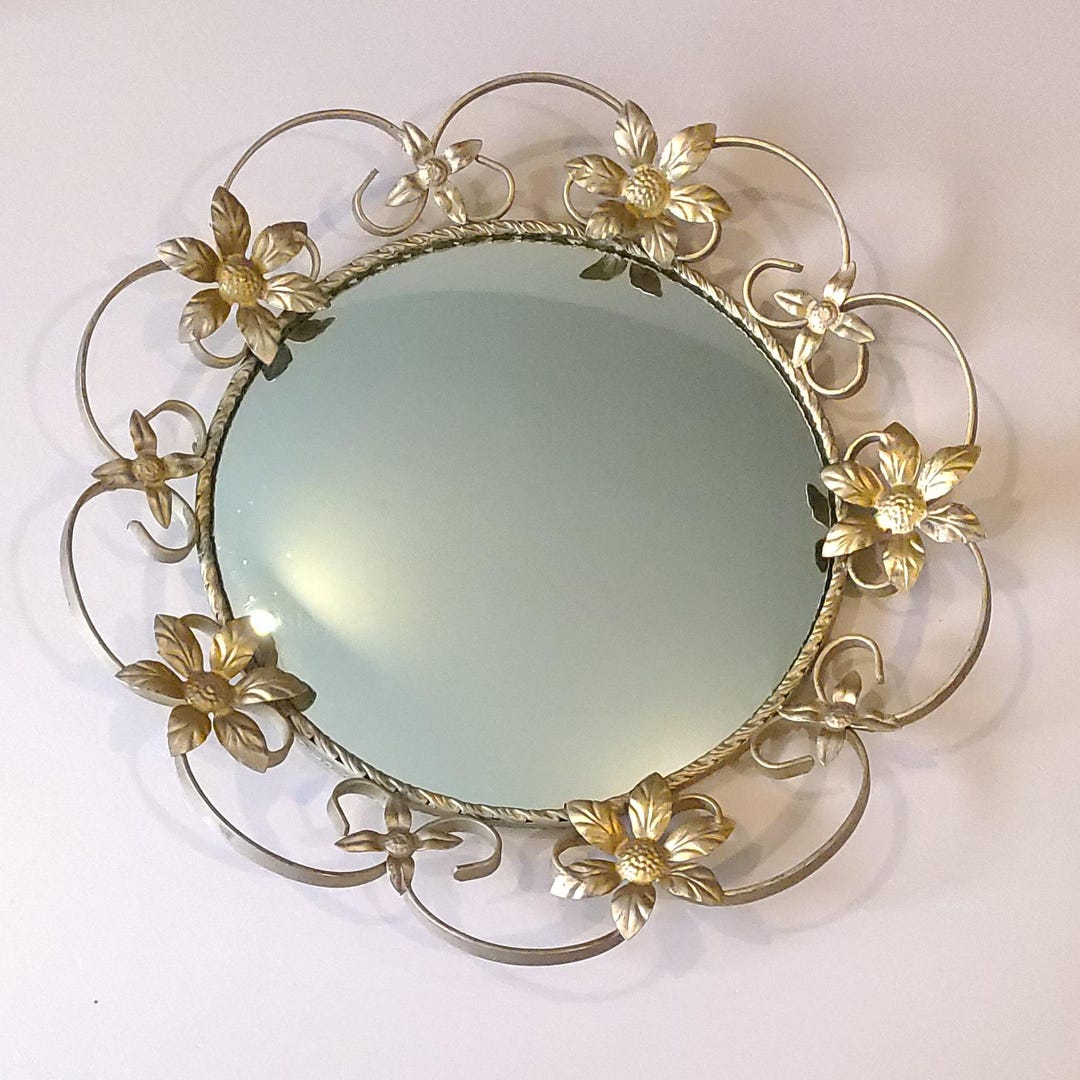 Vintage MCM Mirror, Gold Gilted Metal Floral Sunburst, Round Convex ...