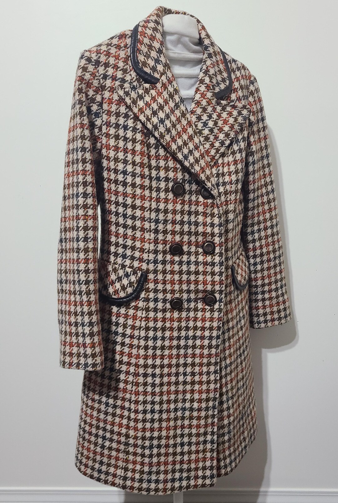 Vintage 80s Houndstooth Wool Coat • Niccolini Leather Trim Overcoat - Etsy