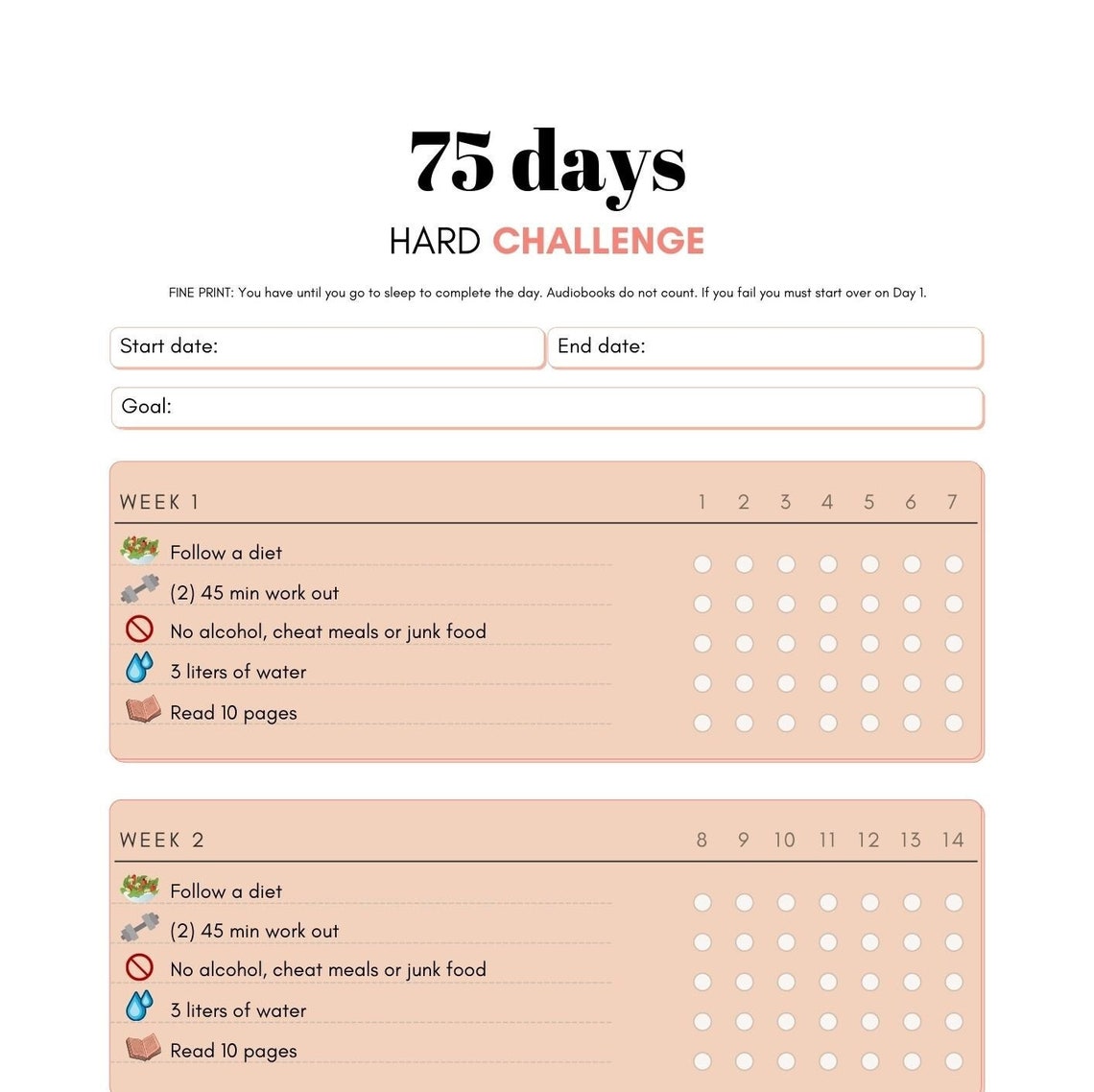 75 Day Hard Challenge Tracker instant Download - Etsy