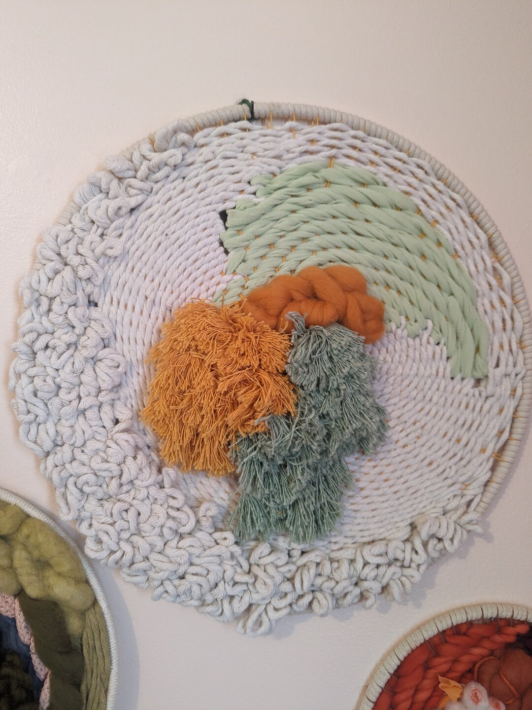 Large Round Woven Wall Hanging/ Green and Orange Weaving/ Round Weaving ...