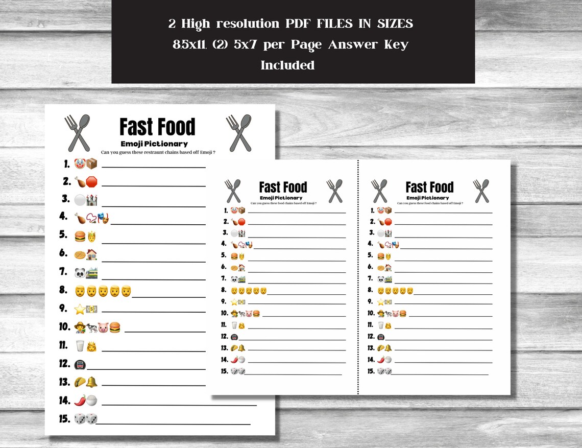 Fast Food Emoji Pictionary, Emoji Game, Printable Game, Family Game ...