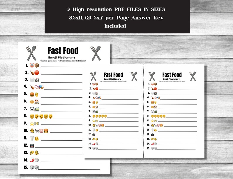 Fast Food Emoji Pictionary, Emoji Game, Printable Game, Family Game ...