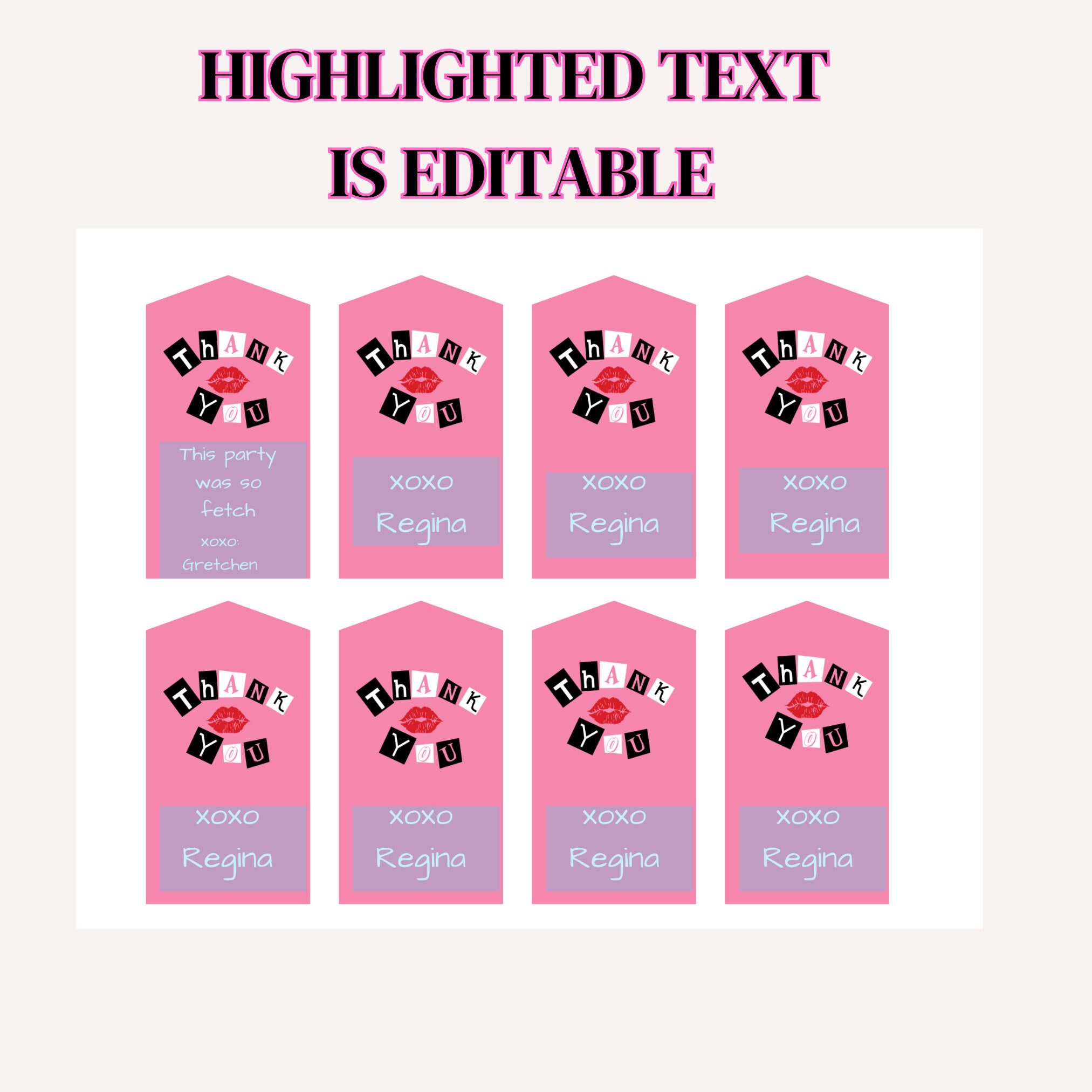 Editable Mean Girls Thank You Tags, Mean Girls Themed Party Favor Tag ...
