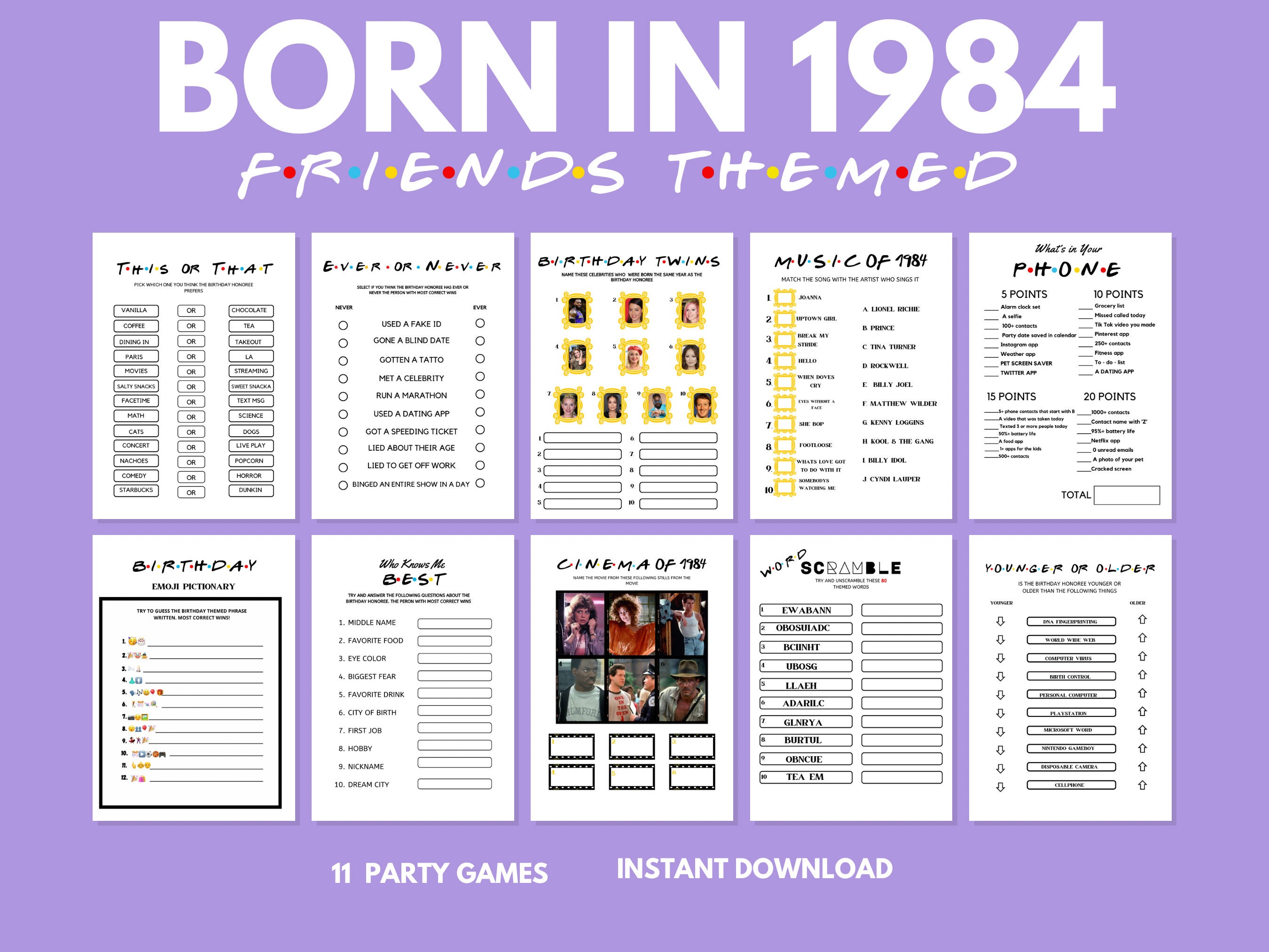40th Birthday Games Born in 1984 Birthday Game Friends Theme Games 40th ...