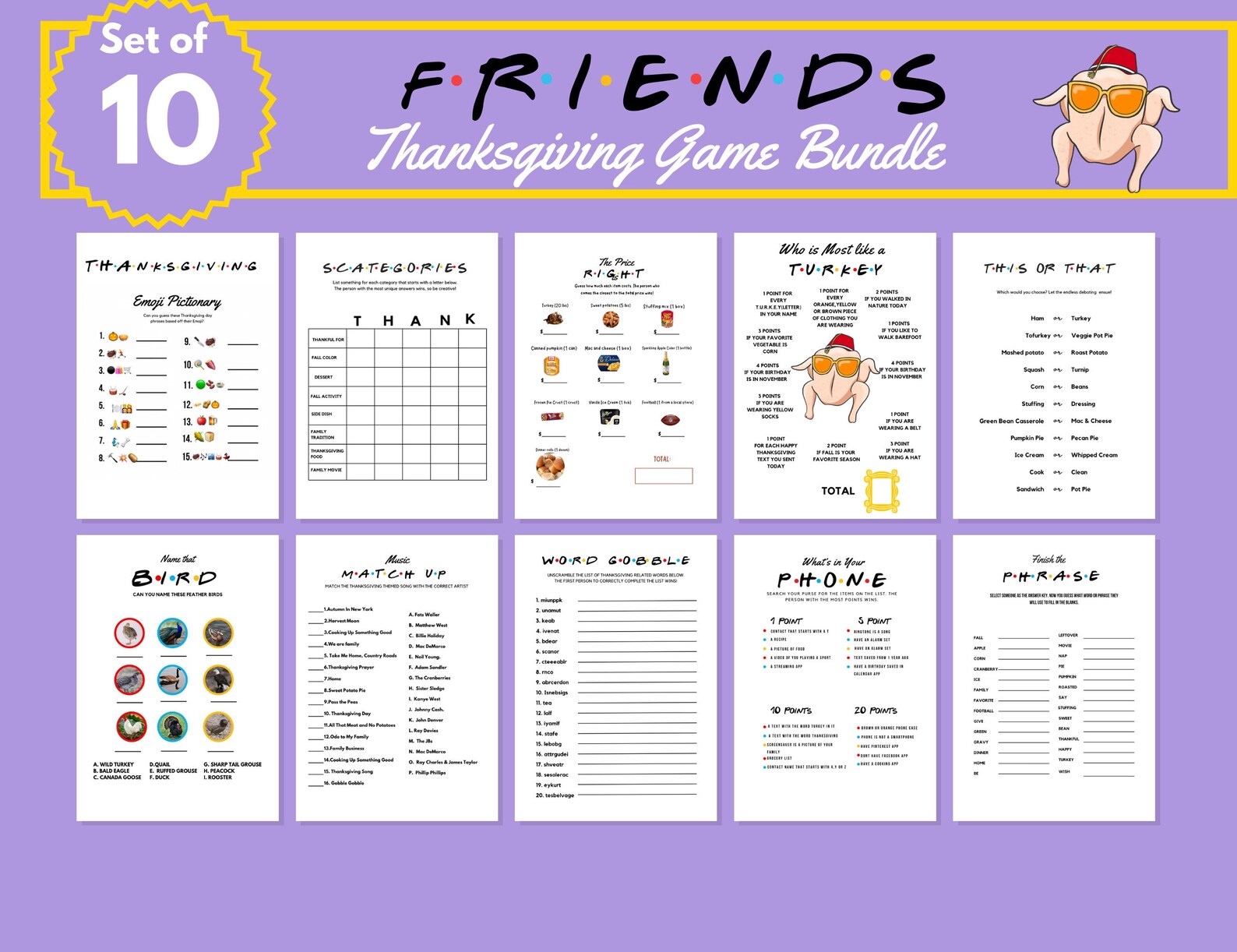 Friends Themed Thanksgiving Game Bundle, Friendsgiving Games, Printable ...