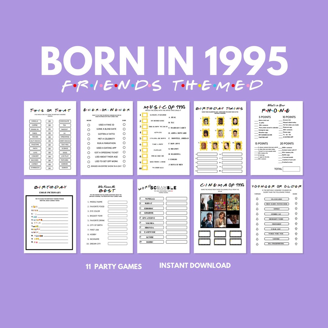 30th Birthday Game Bundle 1995 Birthday Game Friends Themed Games 30th ...