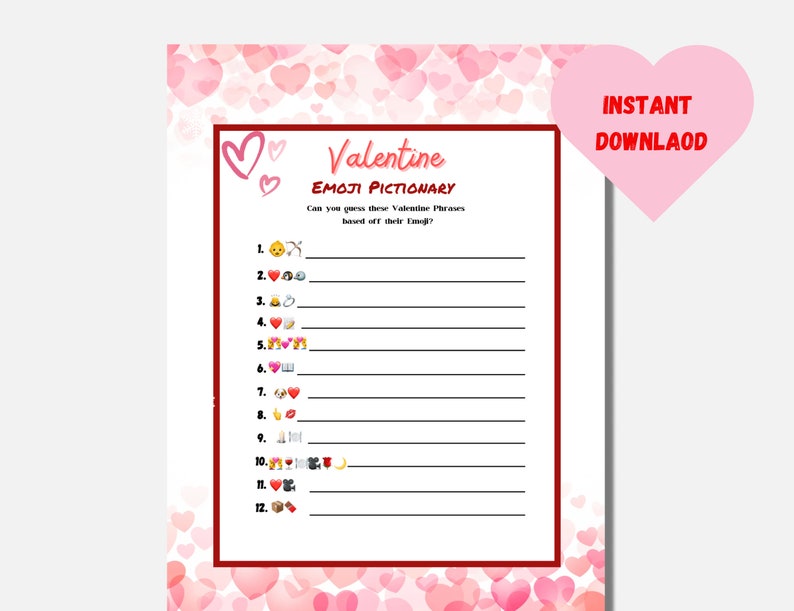 Valentines Day Emoji Pictionary Game, Printable Game, Party Game for ...