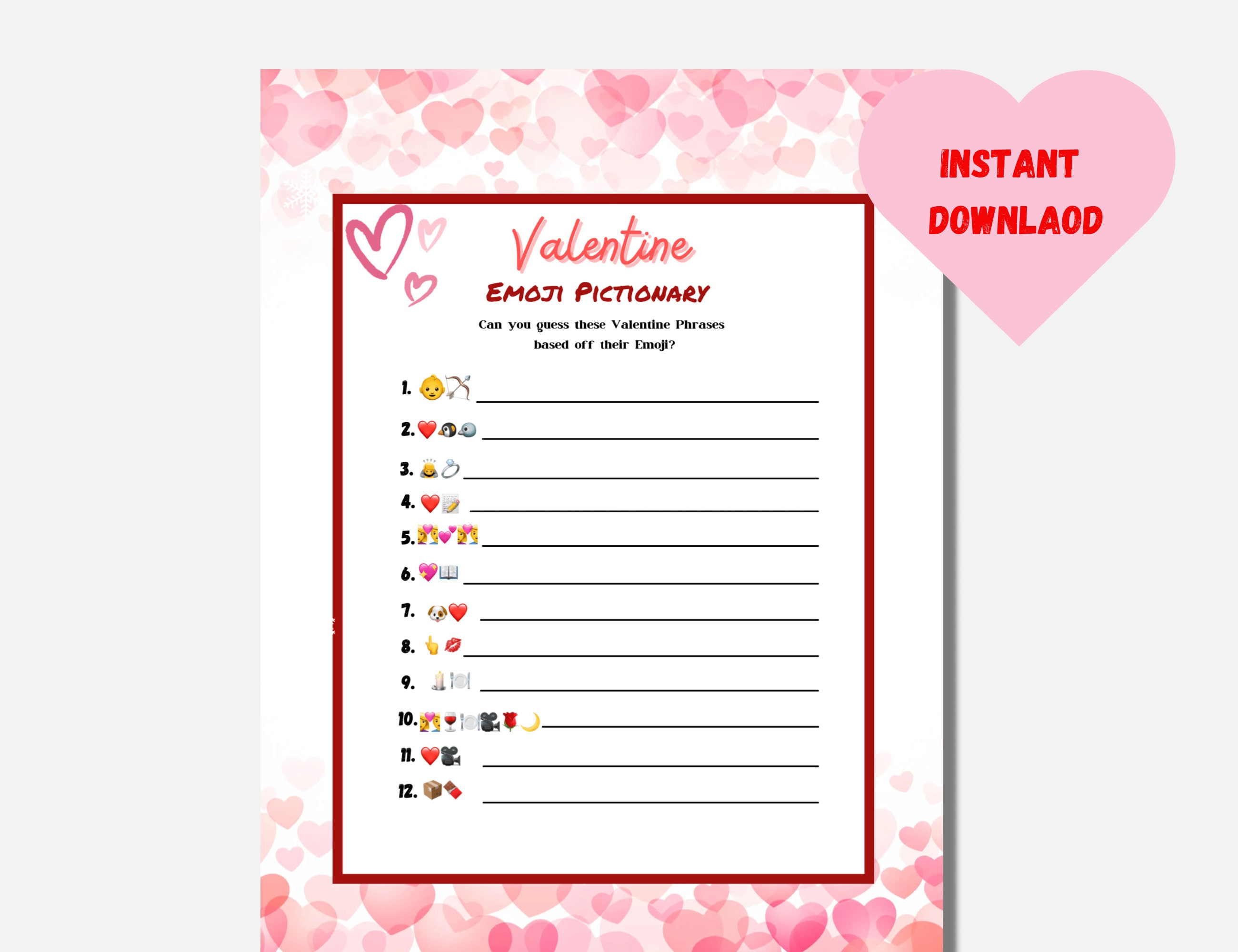 Valentines Day Emoji Pictionary Game, Printable Game, Party Game for ...